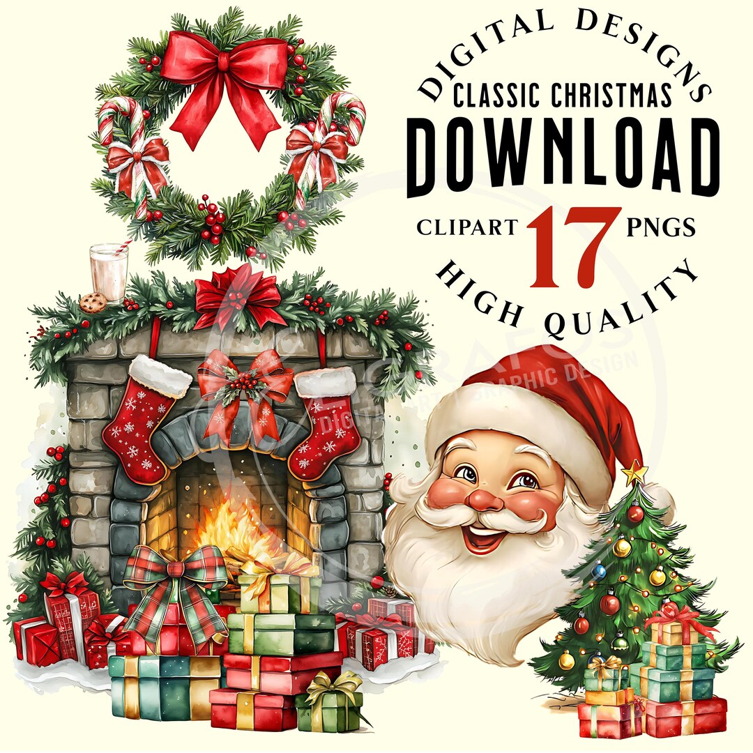Classic Christmas Clipart: Santa, Tree, Presents (17 PNG Instant ...