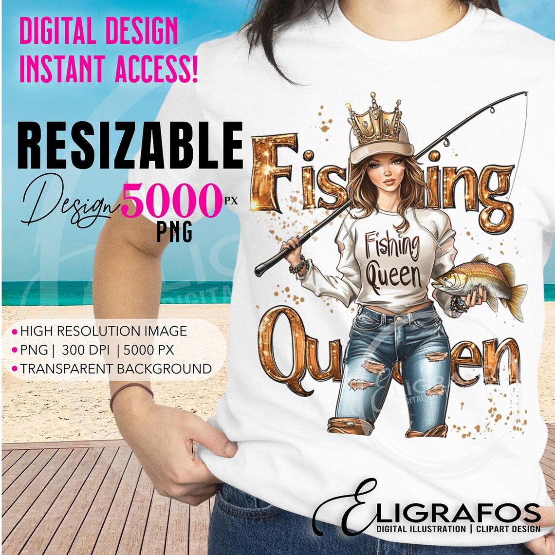 Fishing Queen Gold Crown PNG: Female Angler Shirt Design (digital ...