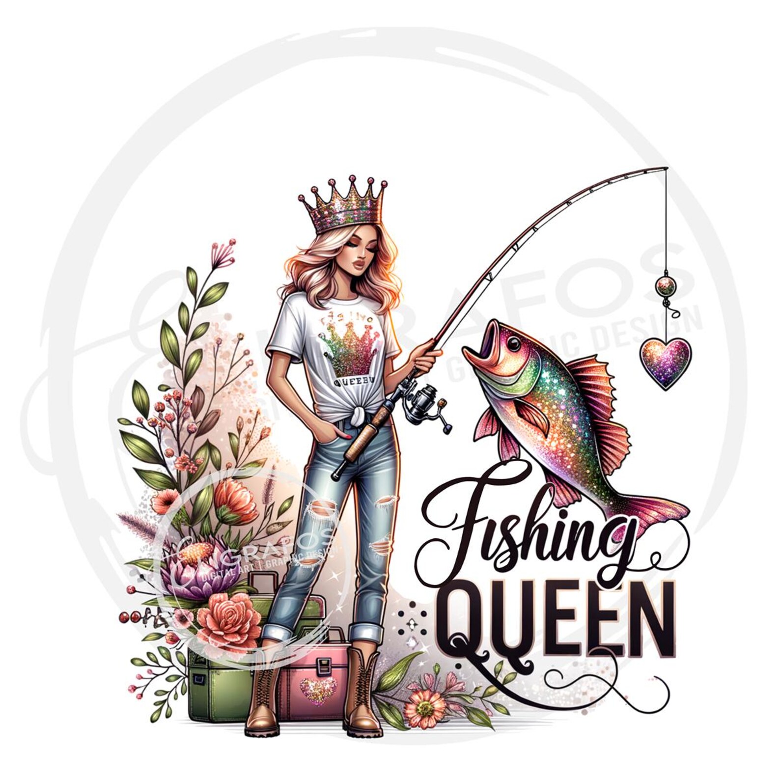 Pink Heart Fishing Queen PNG: Diva Angler Clipart (digital Download - Etsy