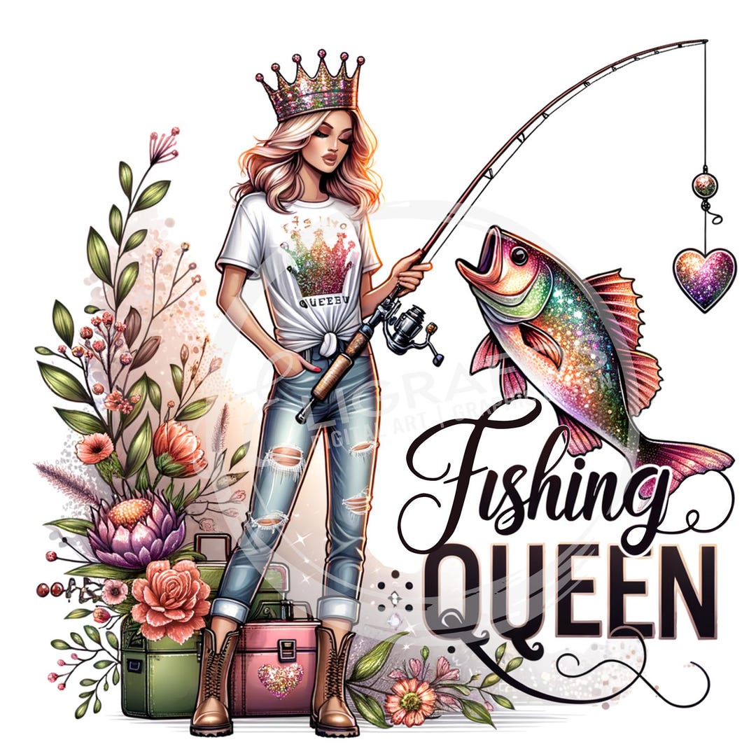 Fishing Queen Crown Wearing Diva Pink Floral Heart Digital Design ...