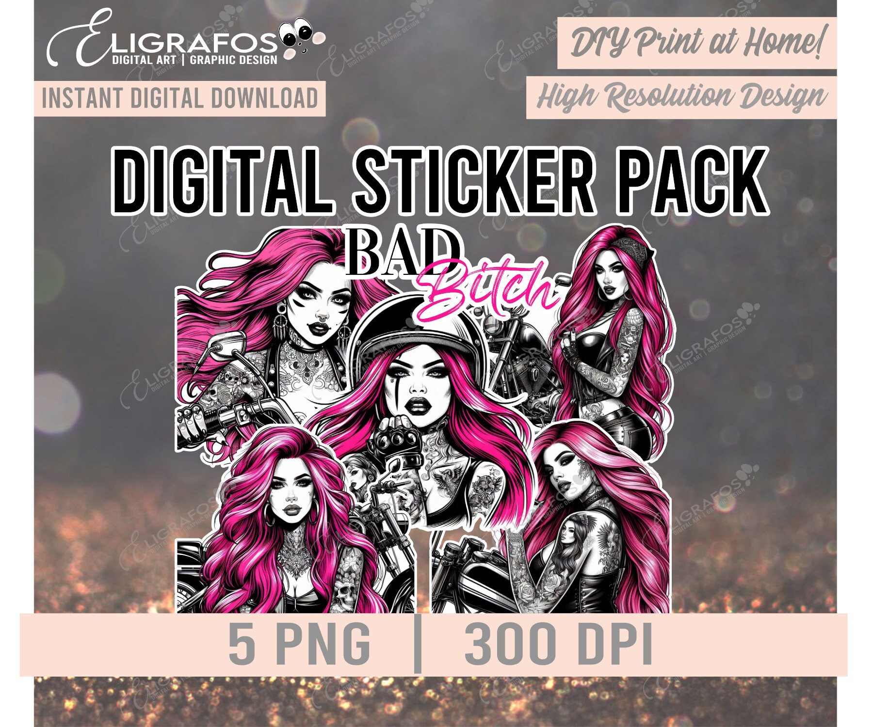 Bad Bitch Biker Chick Digital PNG Stickers Print and Cut 5 Various Bad ...