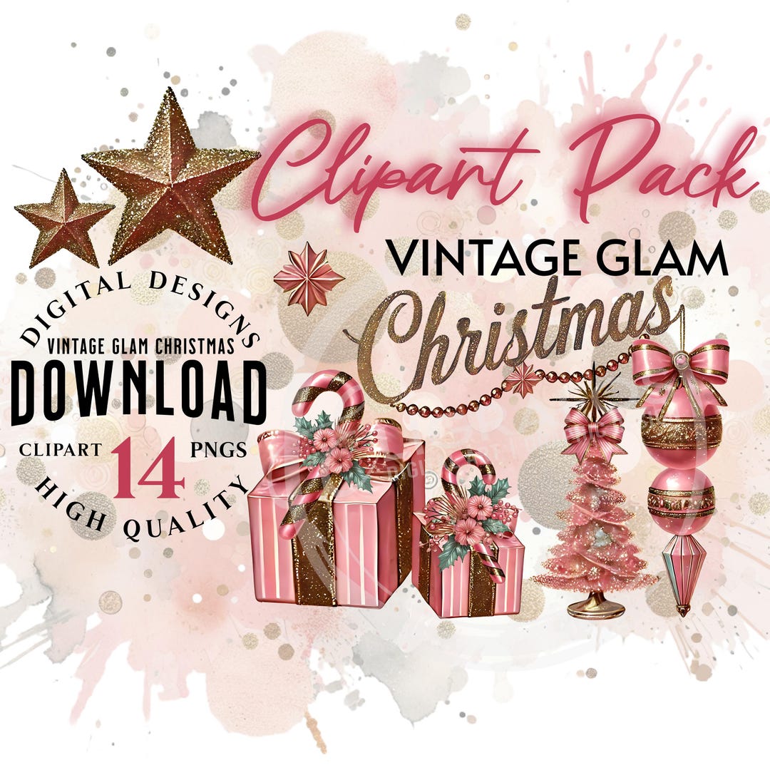 Vintage Glam Christmas Clipart: Pink & Gold PNG Designs (digital ...
