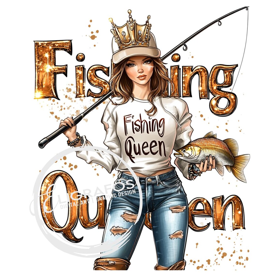 Fishing Queen Gold Crown PNG: Female Angler Shirt Design (digital ...