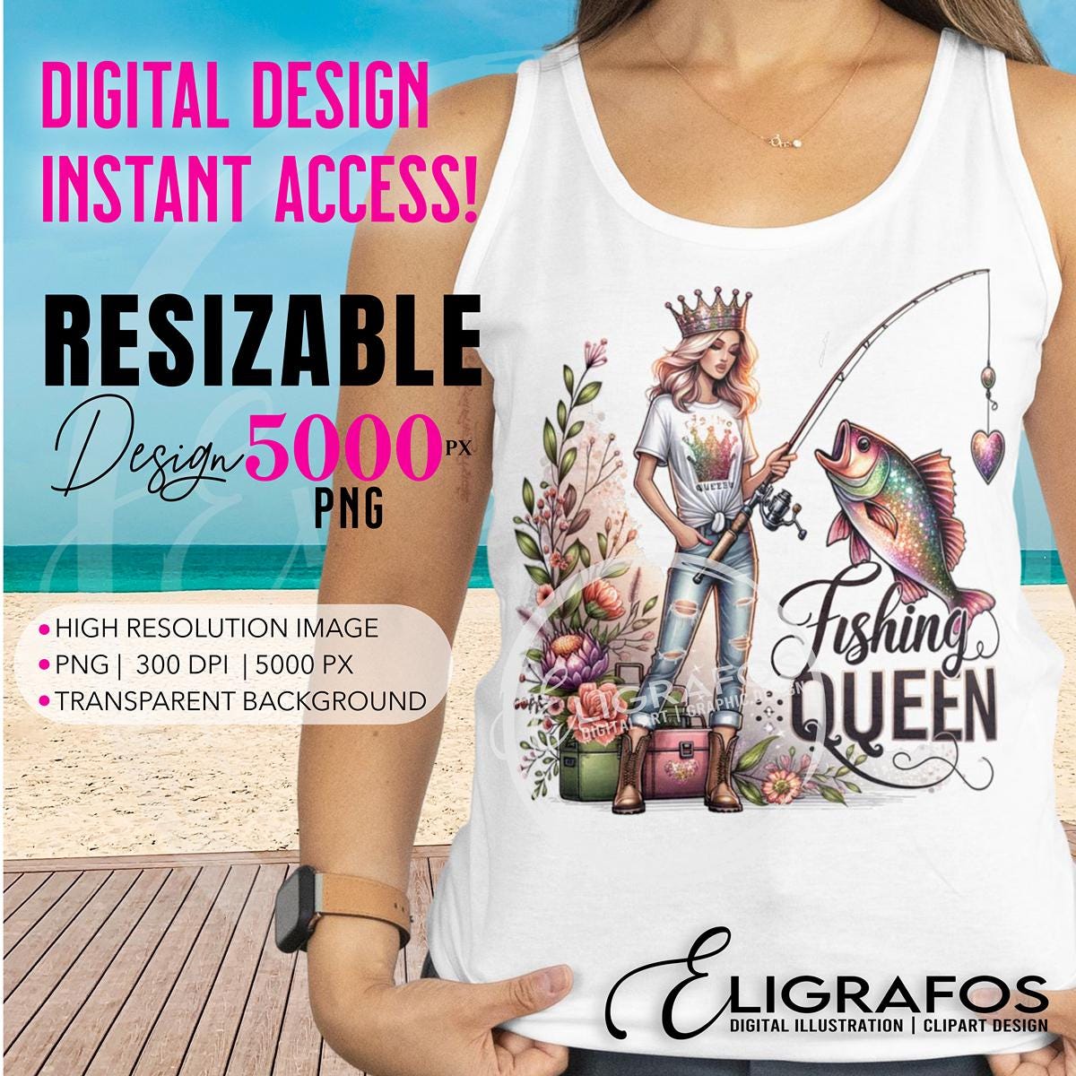 Pink Heart Fishing Queen PNG: Diva Angler Clipart (digital Download - Etsy