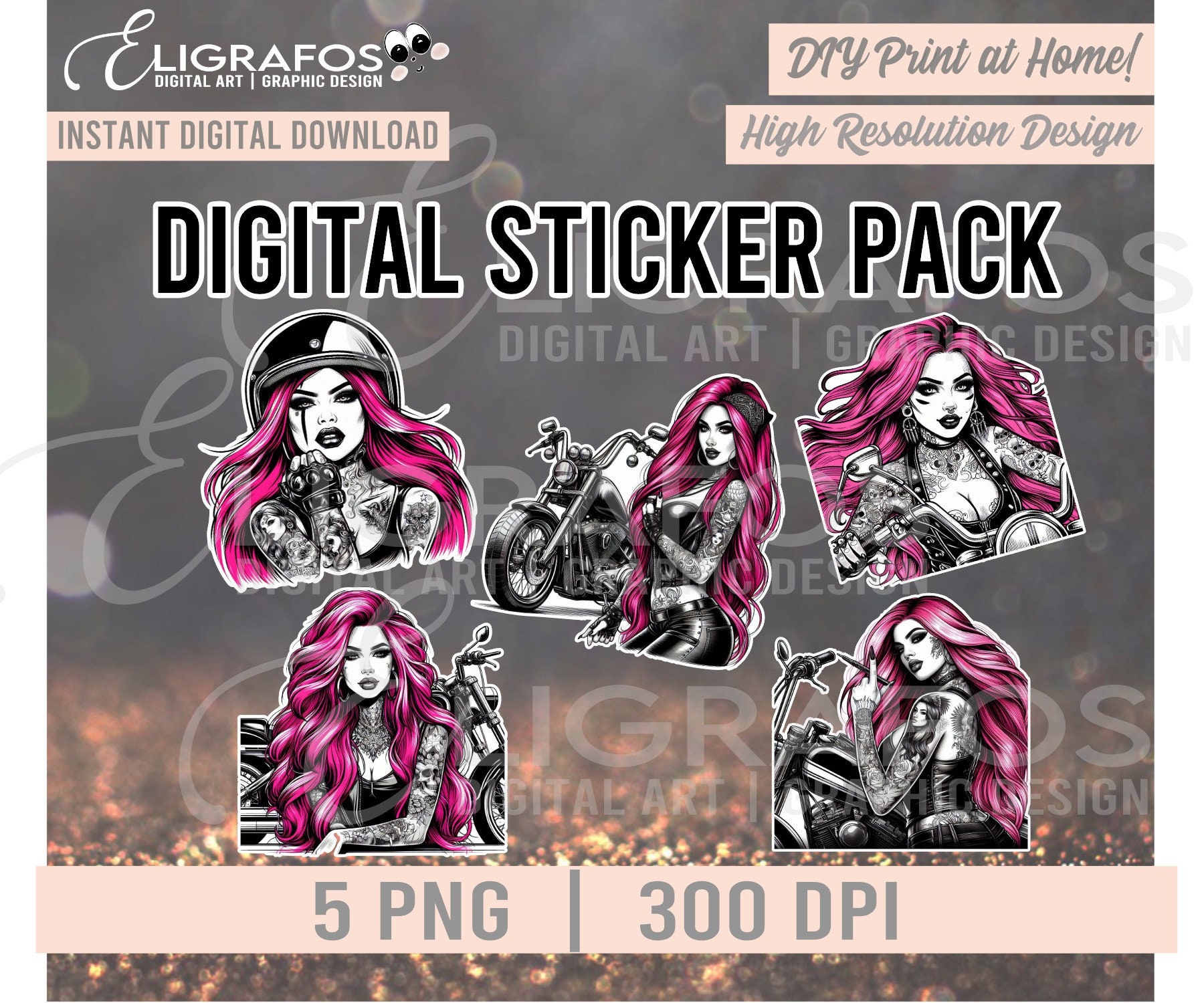 Bad Bitch Biker Chick Digital PNG Stickers Print and Cut 5 Various Bad ...