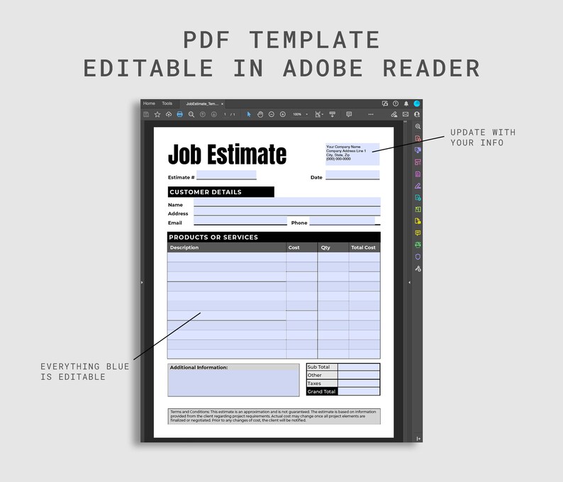 Job Estimate Template PDF. Editable Business Forms. Printable - Etsy