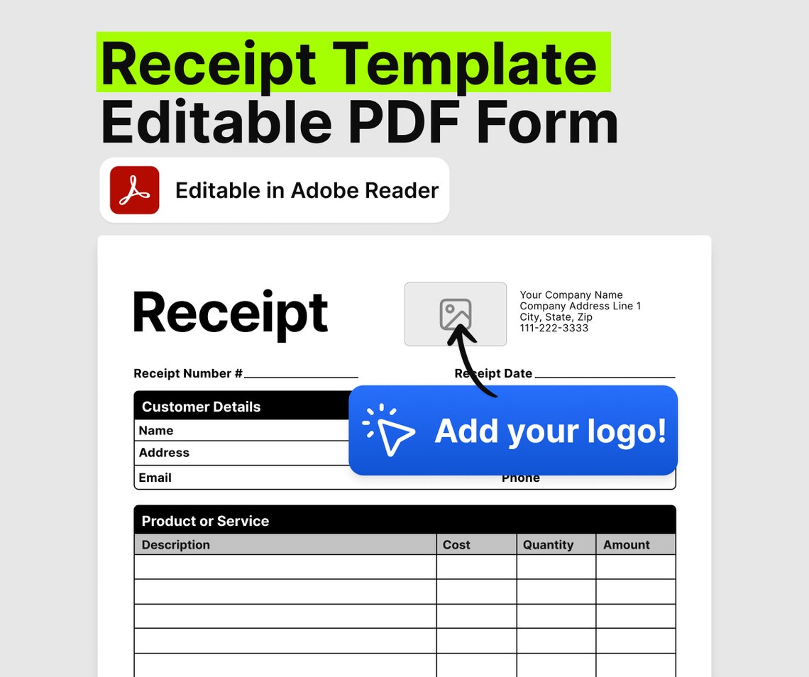 Receipt Template PDF. Custom Logo Editable Business Forms. Printable ...
