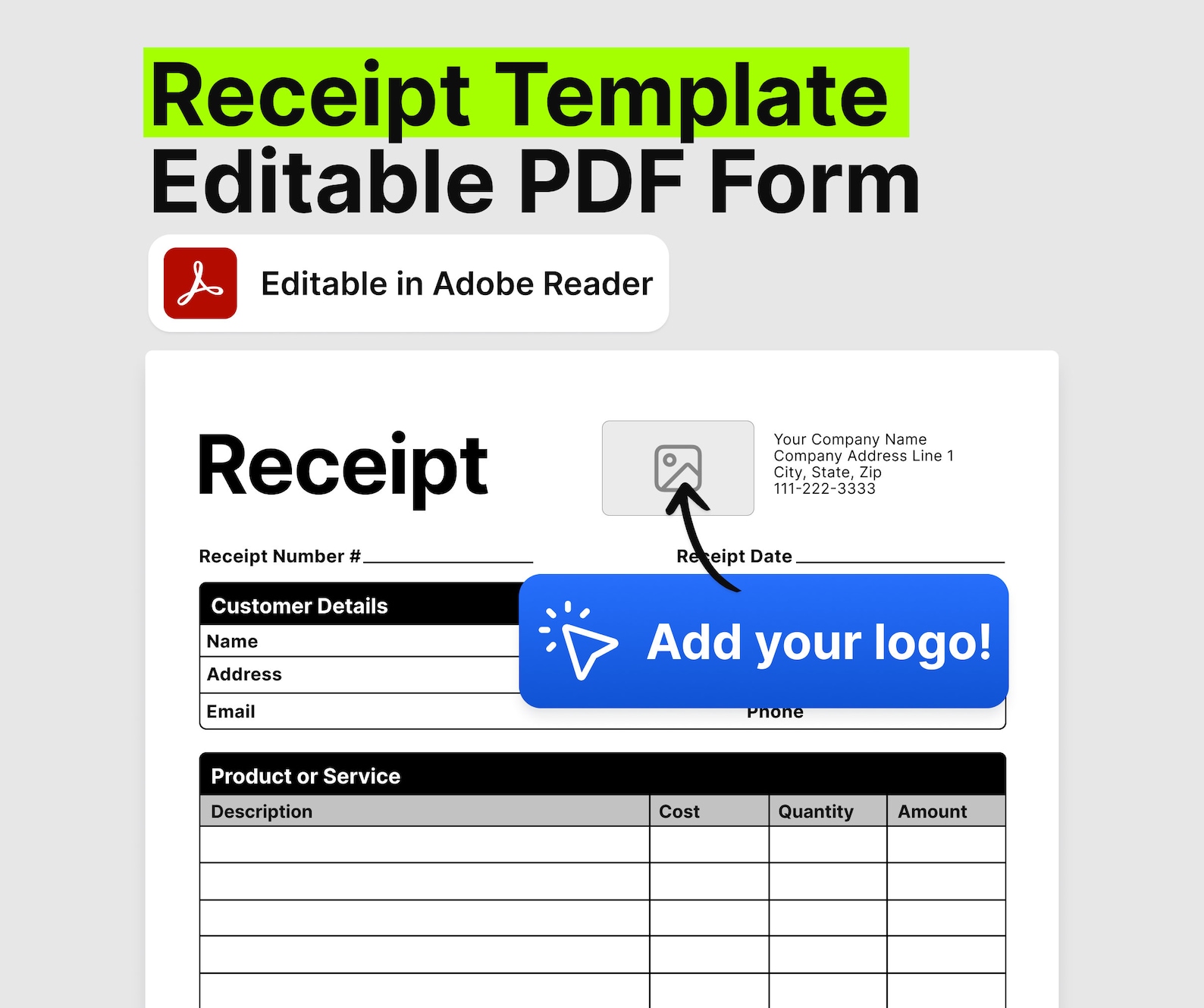 Receipt Template PDF. Custom Logo Editable Business Forms. Printable ...