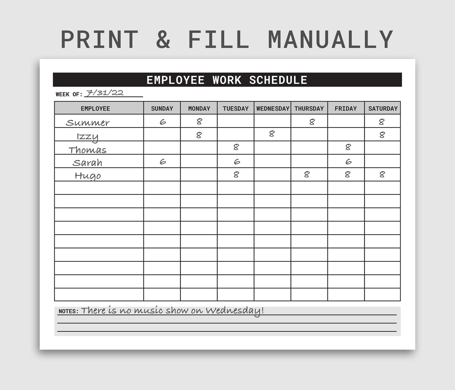 Employee Work Schedule PDF. Employee Time Sheet. Employee Schedule ...