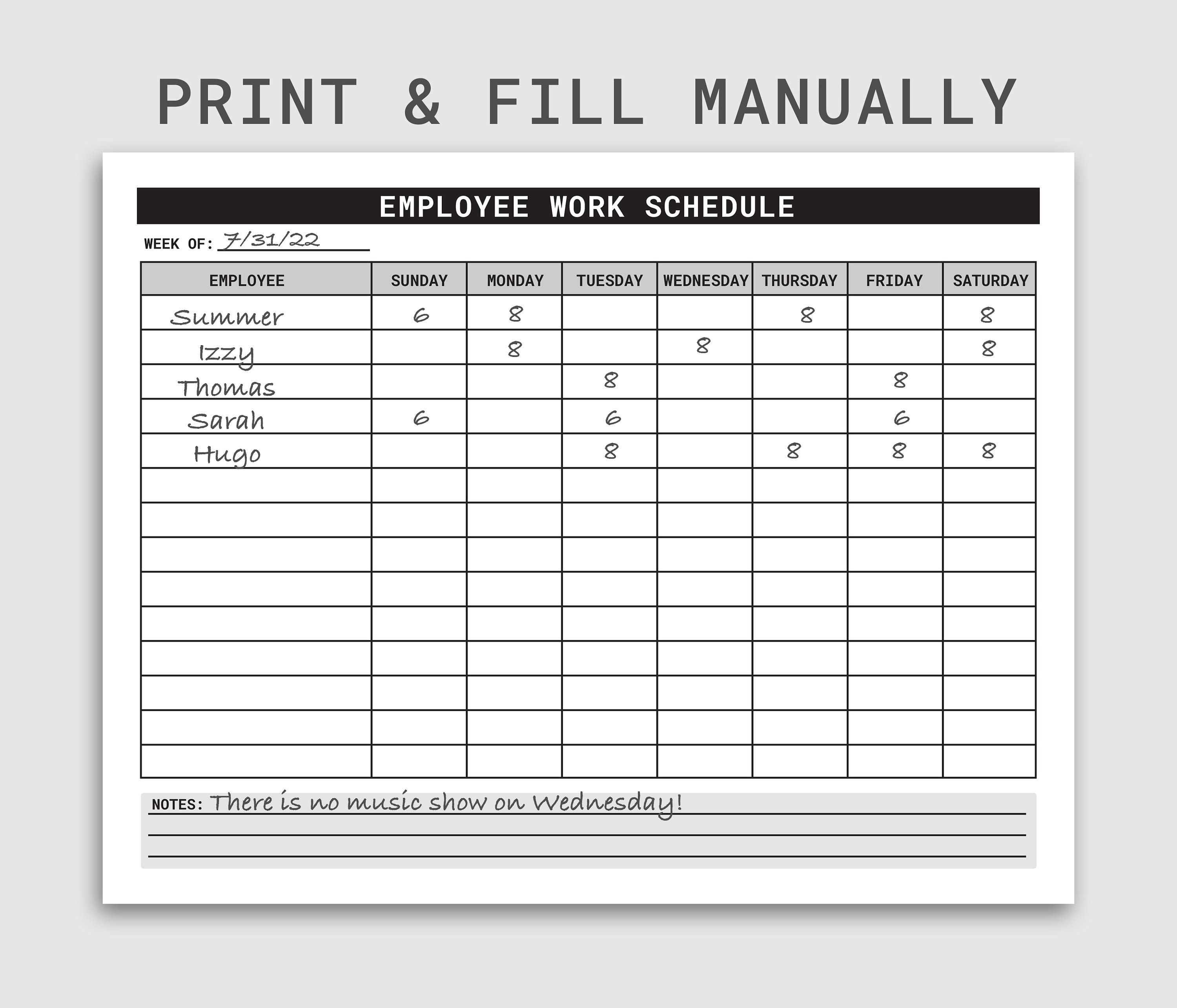 Employee Work Schedule PDF. Employee Time Sheet. Employee Schedule ...
