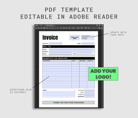 Invoice Template PDF. Custom Logo Editable Business Forms. - Etsy