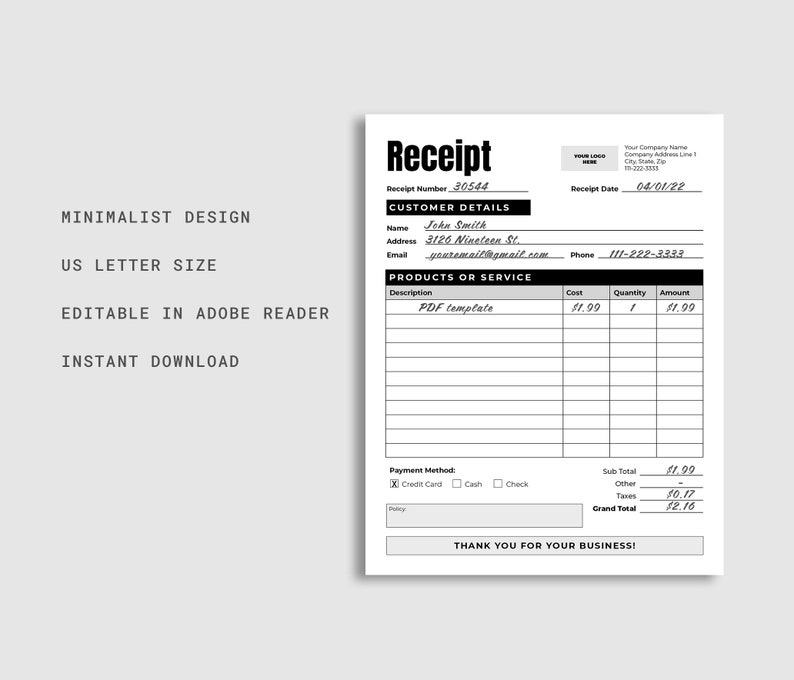 Receipt Template PDF. Custom Logo Editable Business Forms. - Etsy
