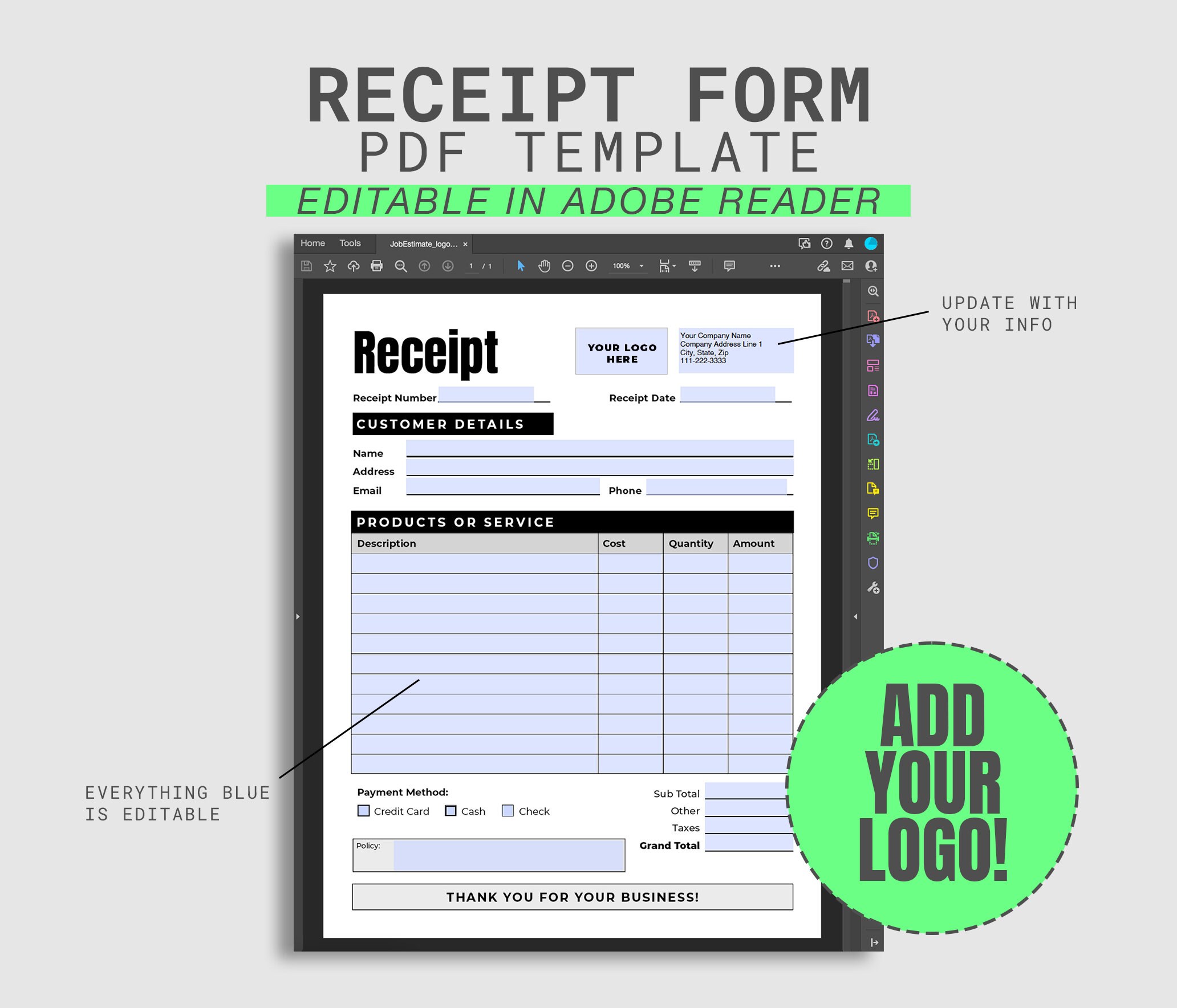 Receipt Template PDF. Custom Logo Editable Business Forms. - Etsy