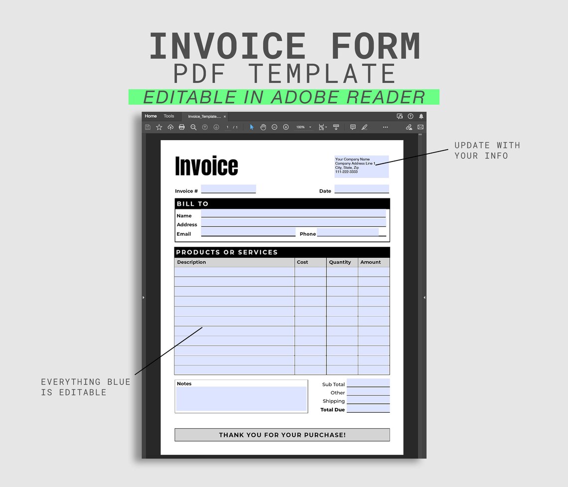 Invoice Template PDF. Editable Business Forms. Printable PDF Template ...