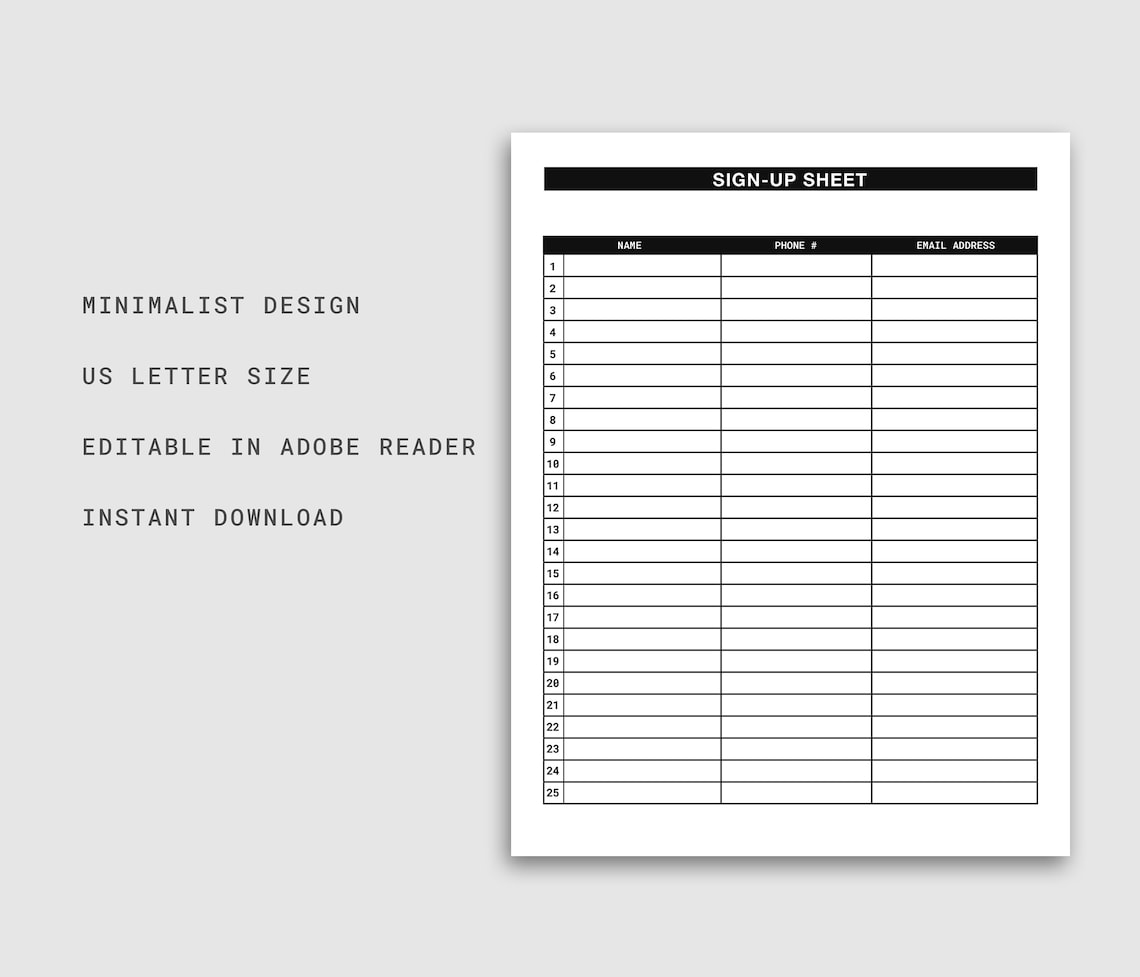 Editable Sign up Sheet. PDF Sign up Template. Printable Event Sign up ...
