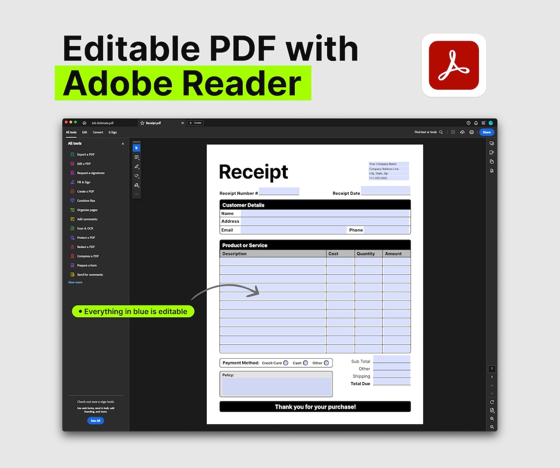 Receipt Template PDF. Editable Business Forms. Printable PDF Template ...