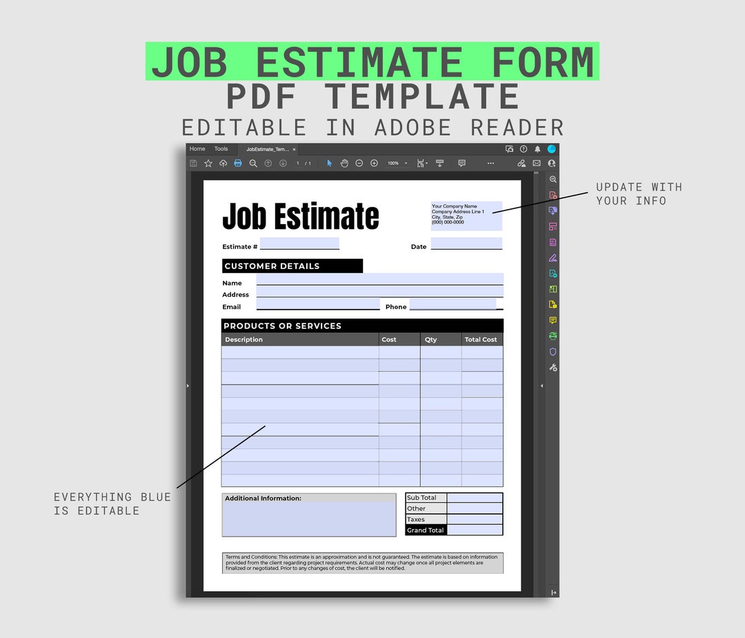Job Estimate Template PDF. Editable Business Forms. Printable - Etsy