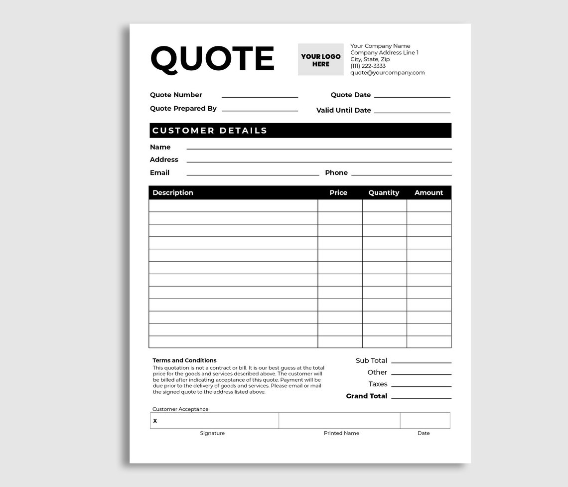Quote Template PDF. Custom Logo Quote Business Form. Quote - Etsy