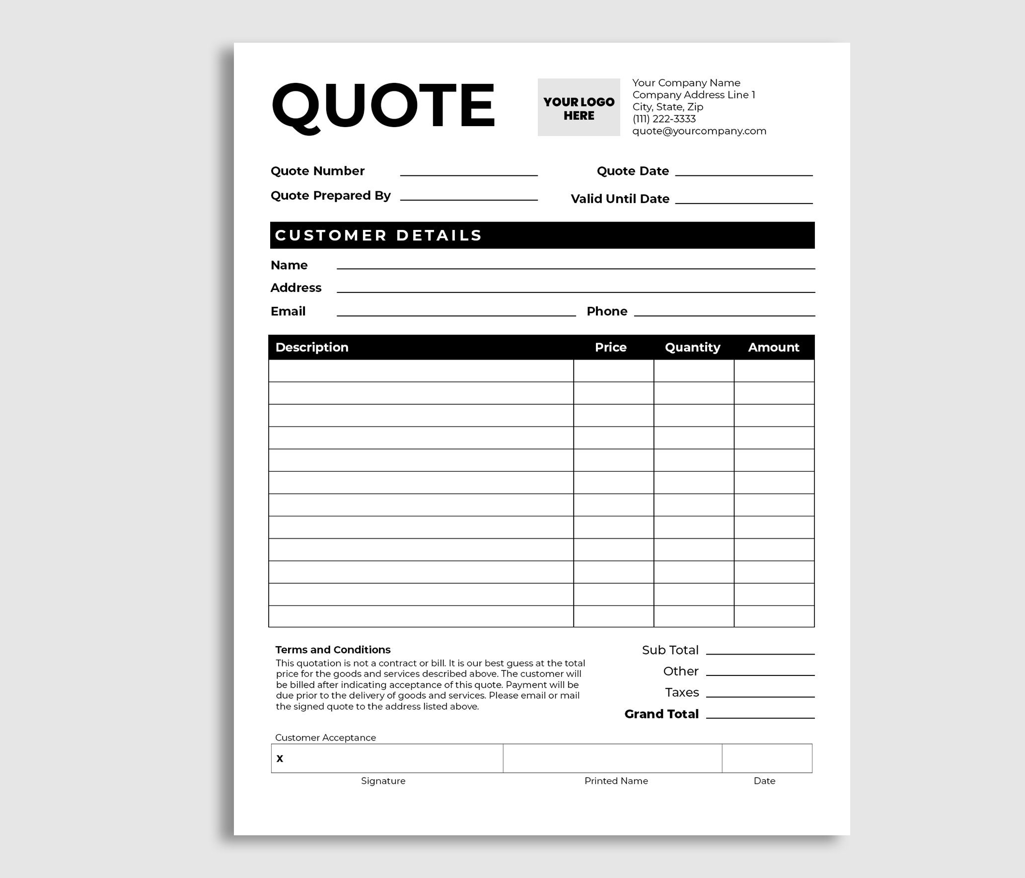 Quote Template PDF. Custom Logo Quote Business Form. Quote - Etsy