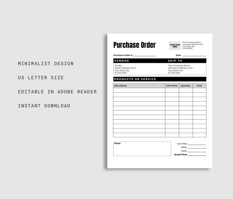 Purchase Order Template PDF. Custom Logo PDF Form. Business - Etsy