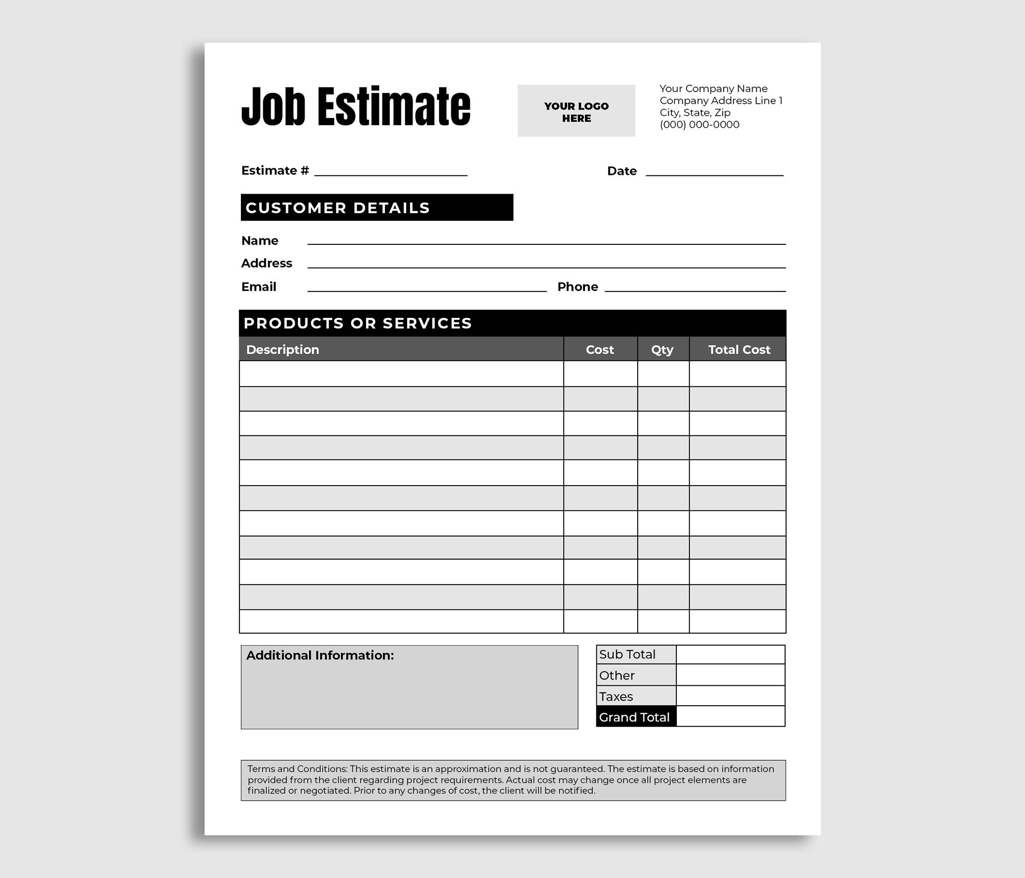 Job Estimate Template PDF. Custom Logo Editable Business - Etsy