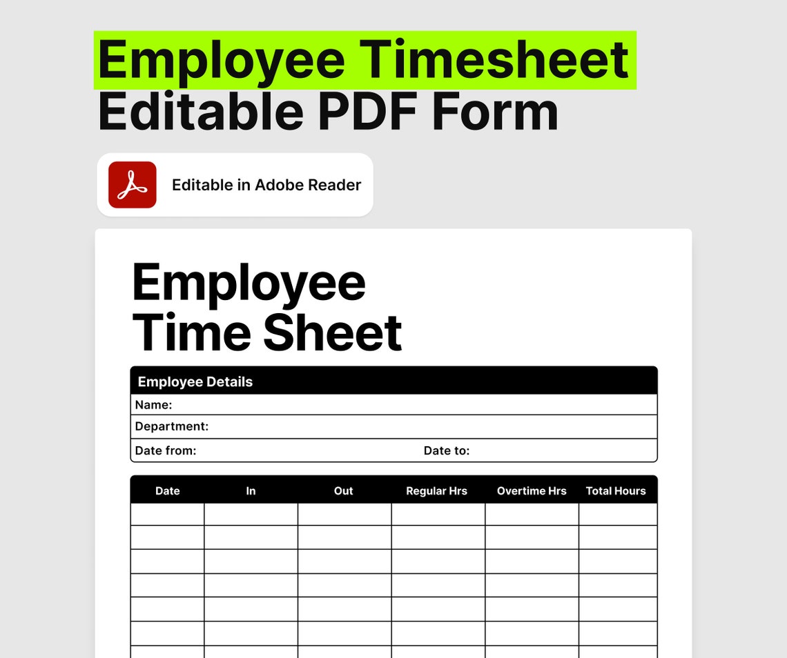 Employee Timesheet. Editable Timesheet. Printable Timesheet. Time Card ...