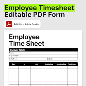 Employee Timesheet. Editable Timesheet. Printable Timesheet. Time Card ...
