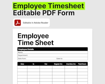 Employee Timesheet. Editable Timesheet. Printable Timesheet. Time Card ...