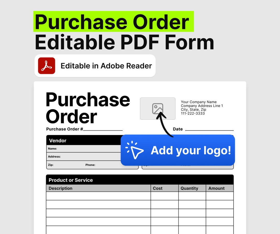 Purchase Order Template PDF. Custom Logo PDF Form. Business Form PDF ...