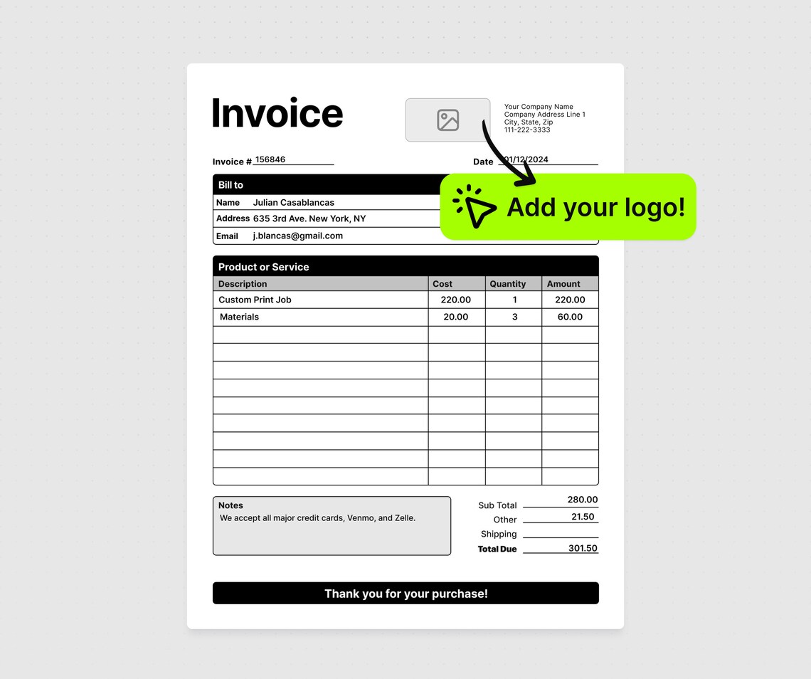 Invoice Template PDF. Custom Logo Editable Business Forms. Printable ...