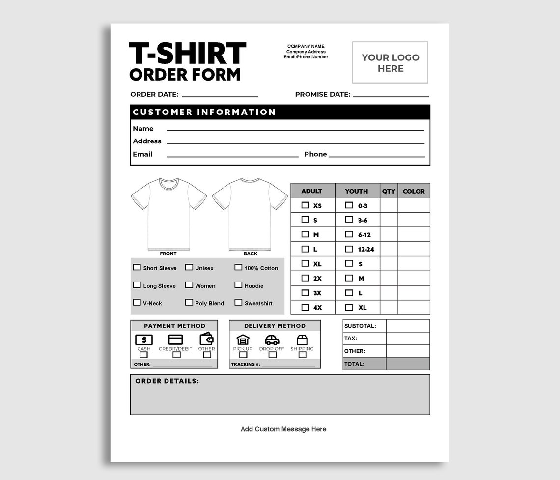 Tshirt Order Form Printable PDF. Custom Logo Form. Tshirt Invoice ...
