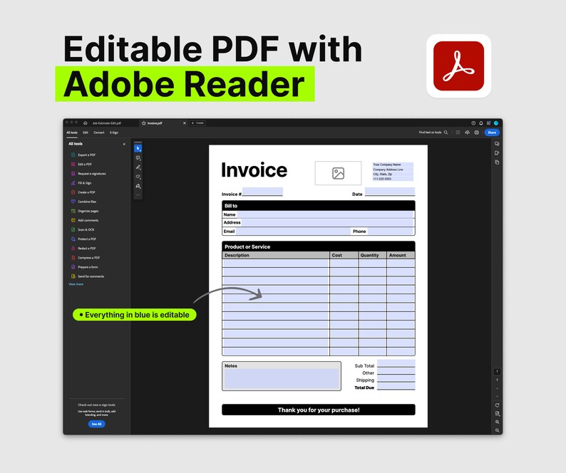 Invoice Template PDF. Custom Logo Editable Business Forms. Printable ...