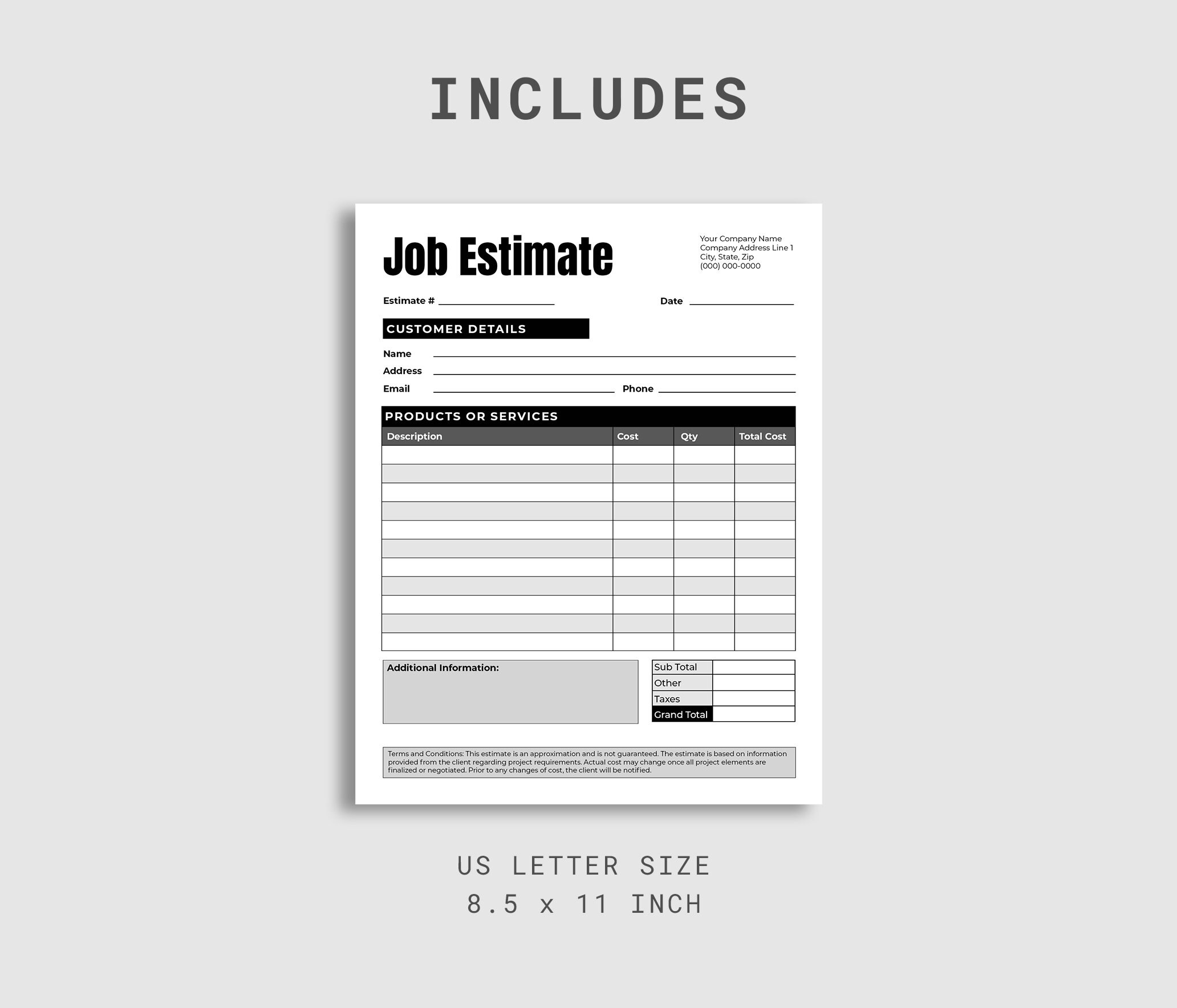 Job Estimate Template PDF. Editable Business Forms. Printable - Etsy