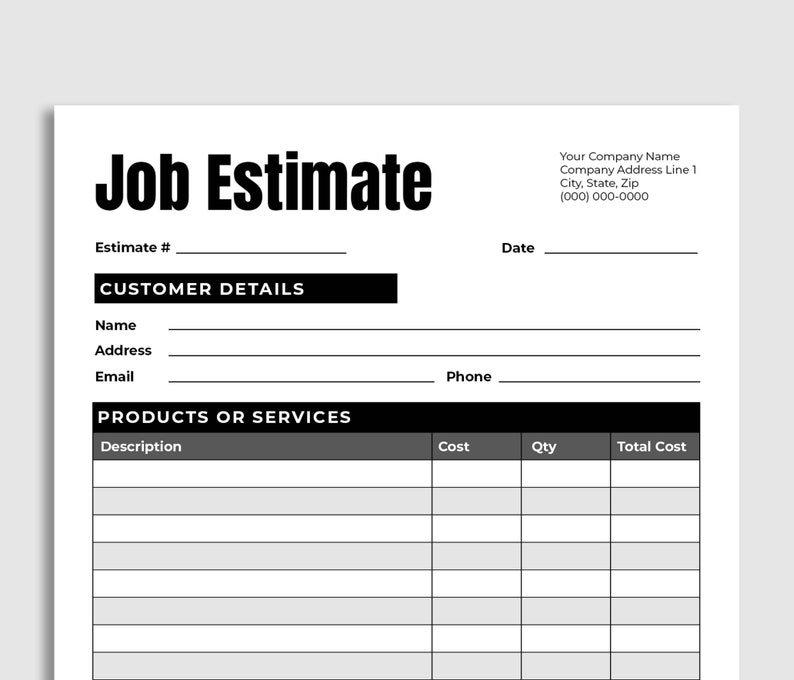 Job Estimate Template PDF. Editable Business Forms. Printable - Etsy