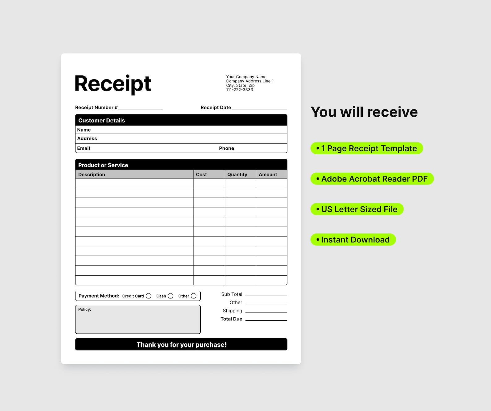 Receipt Template PDF. Editable Business Forms. Printable PDF Template ...