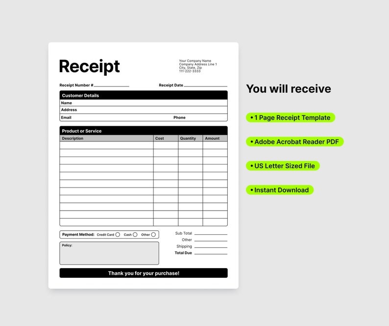 Receipt Template PDF. Editable Business Forms. Printable PDF Template ...