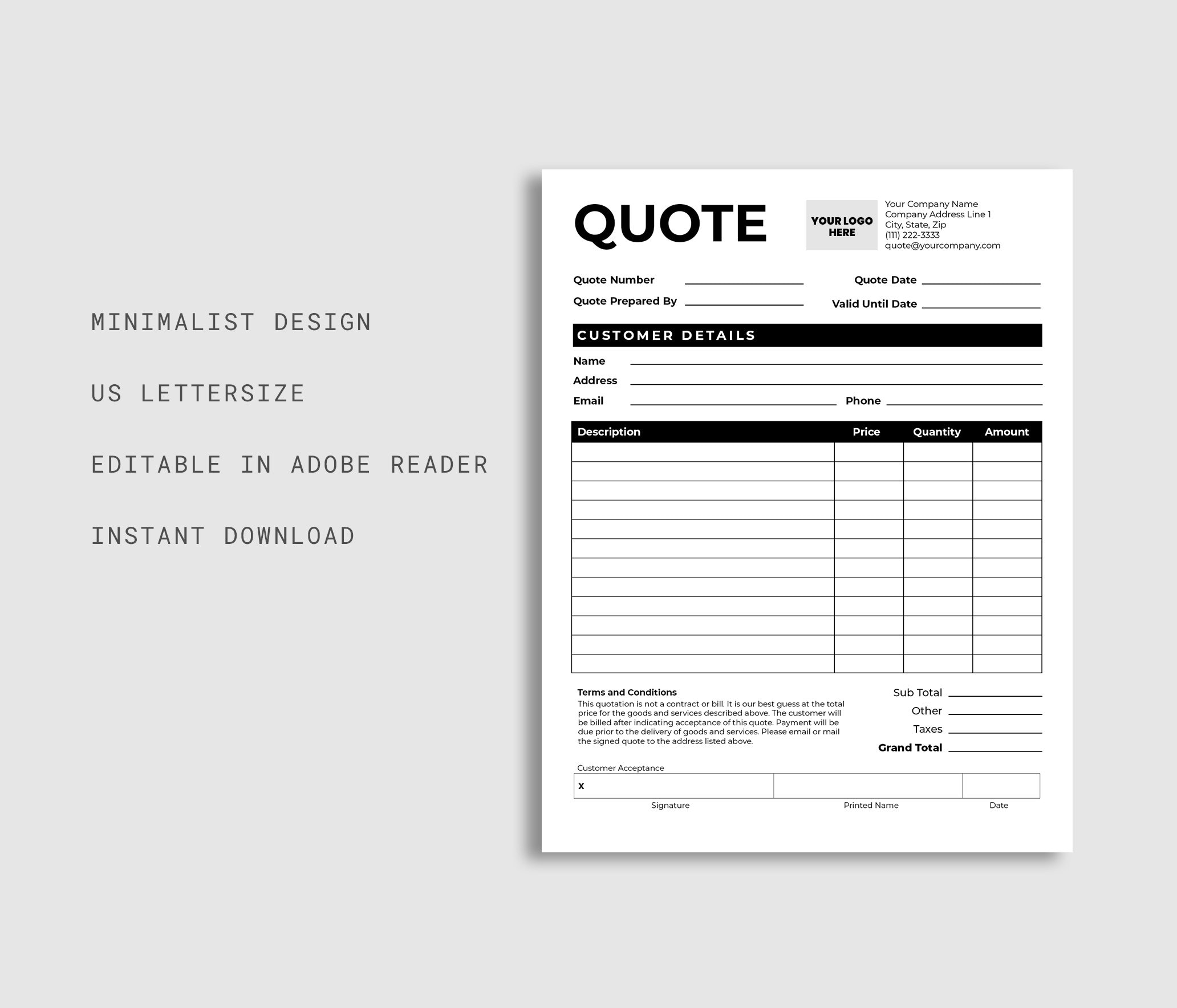 Quote Template PDF. Custom Logo Quote Business Form. Quote - Etsy