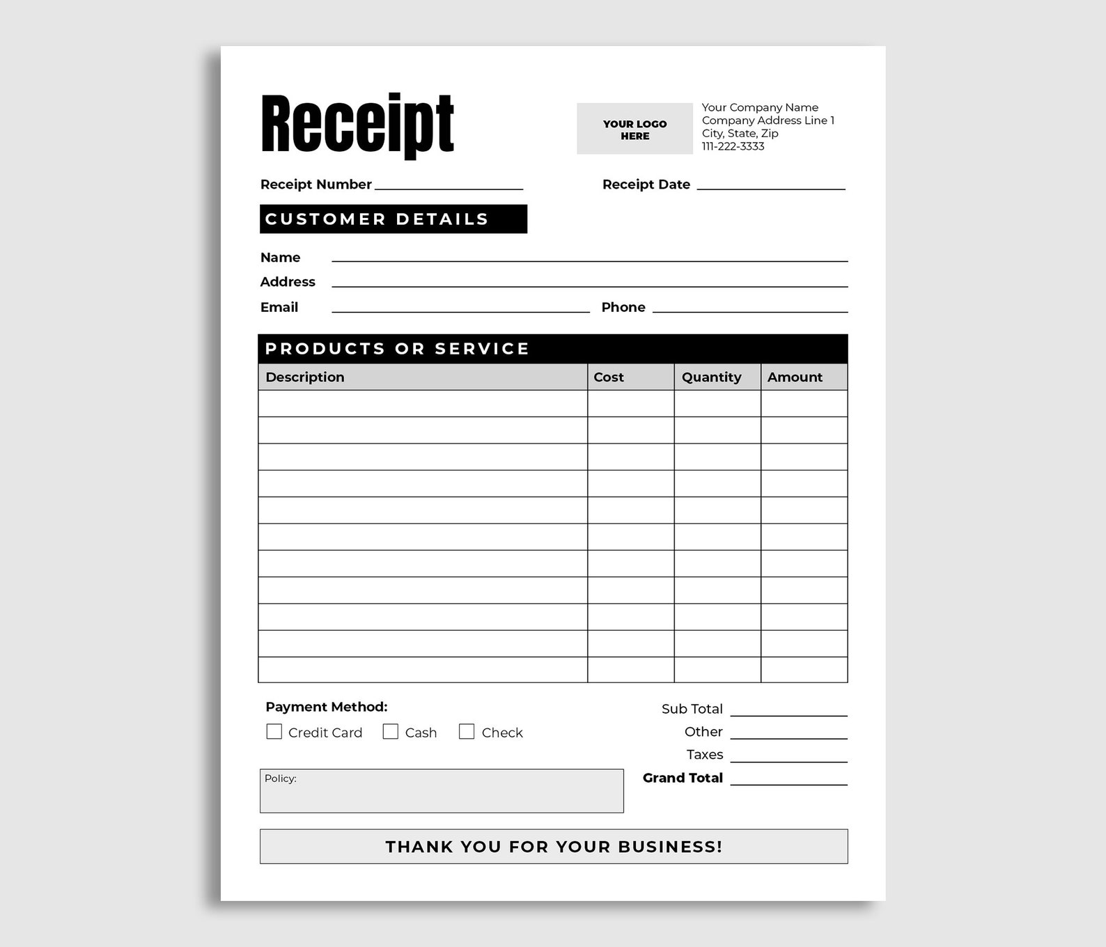 Receipt Template PDF. Custom Logo Editable Business Forms. - Etsy