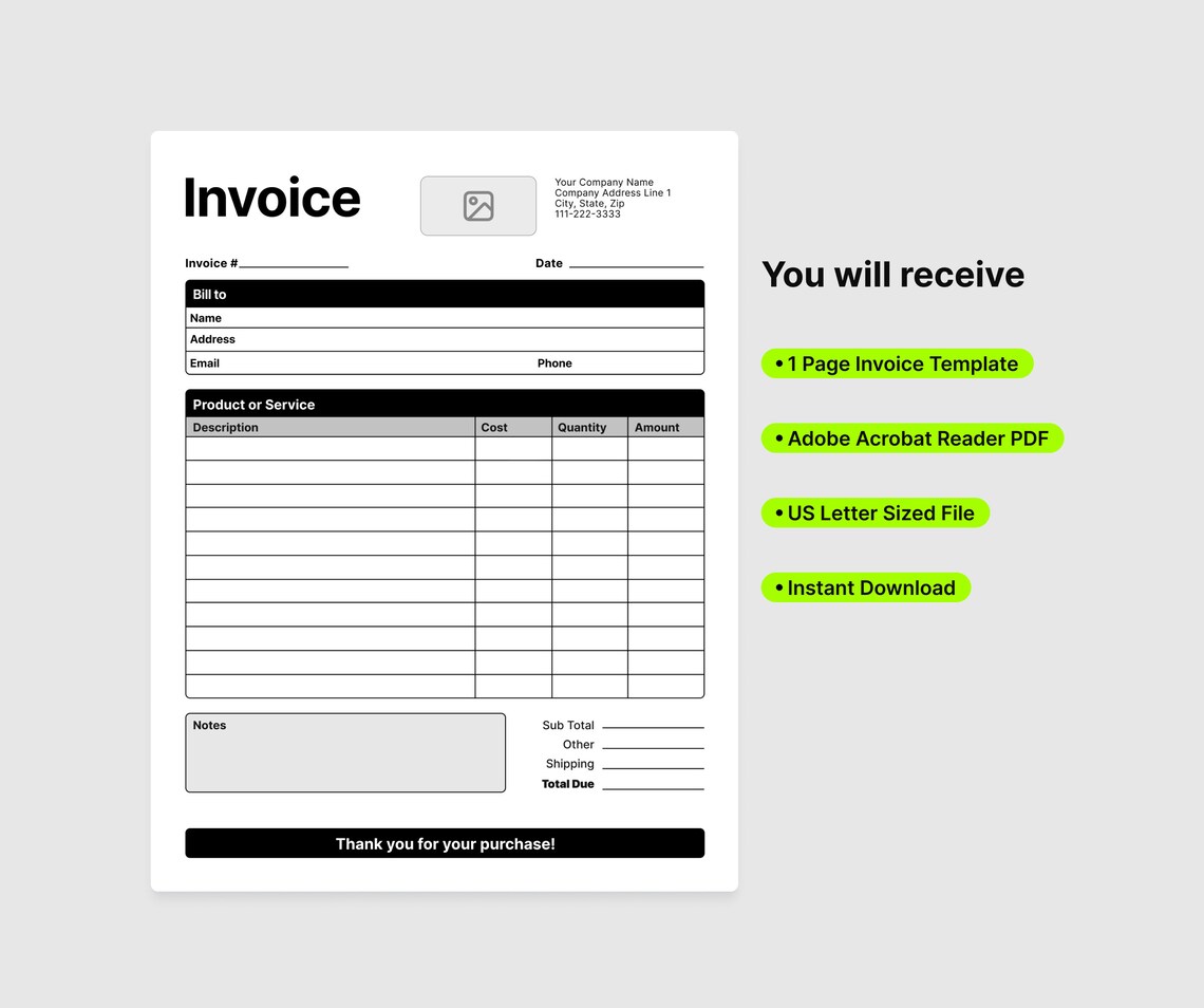 Invoice Template PDF. Custom Logo Editable Business Forms. Printable ...