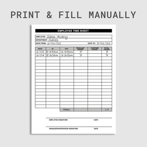Employee Timesheet. Editable Timesheet. Printable Timesheet. Time Card ...