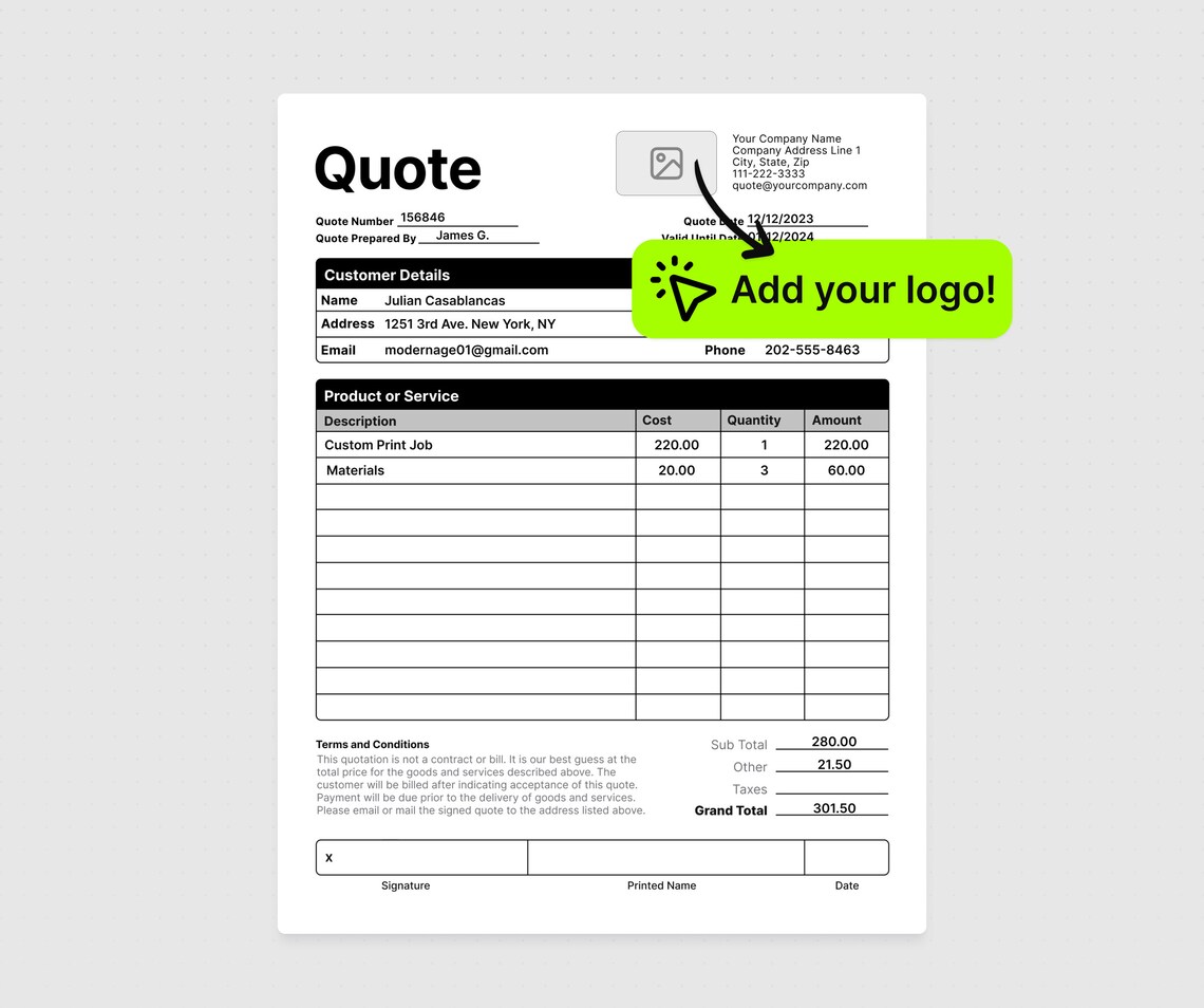 Quote Template PDF. Custom Logo Quote Business Form. Quote Form. Job ...