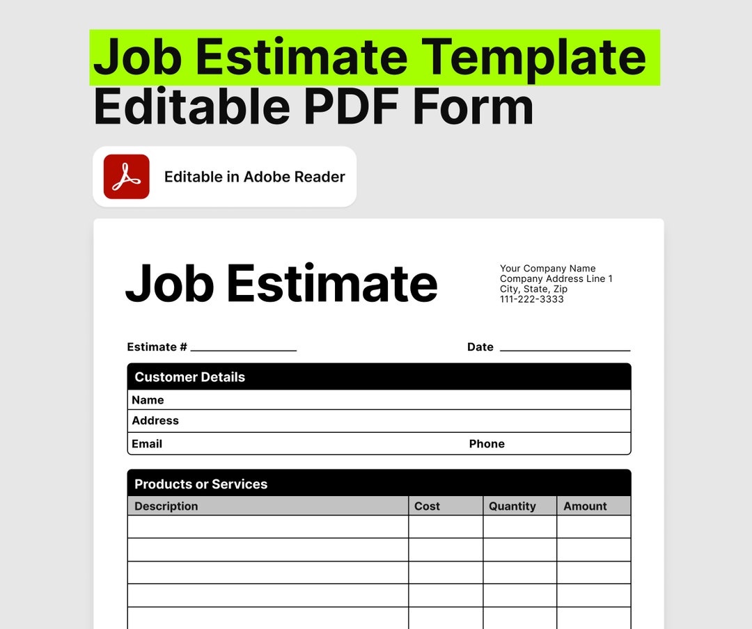 Job Estimate Template PDF. Editable Business Forms. Printable PDF ...
