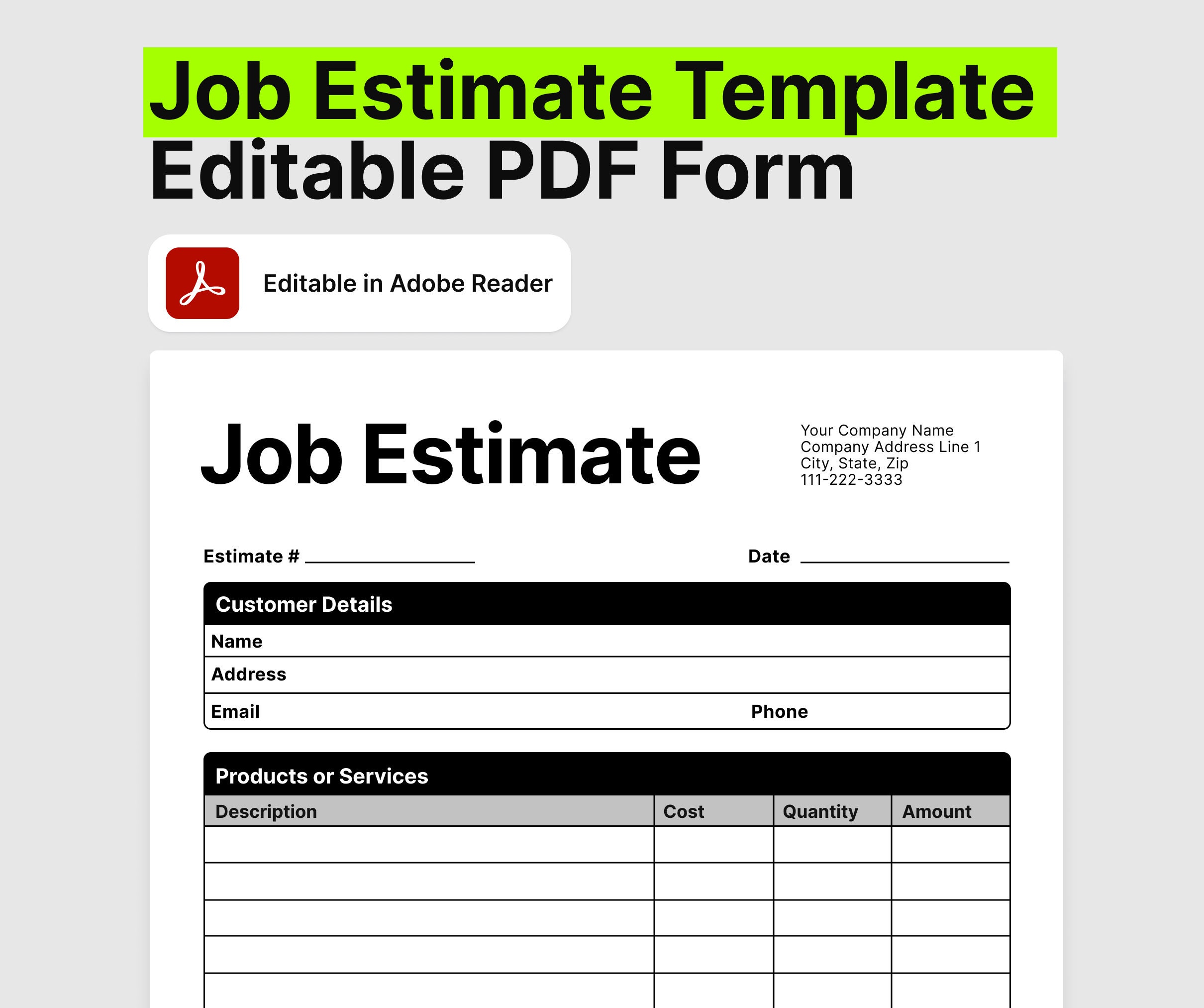 Job Estimate Template PDF. Editable Business Forms. Printable PDF ...