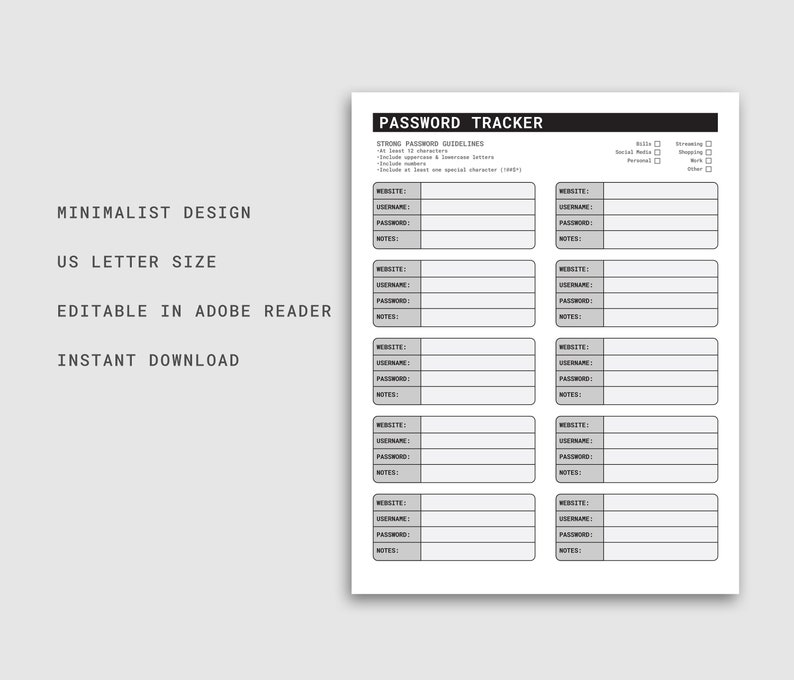 Editable Password Tracker Printable | Password Log PDF (instant ...