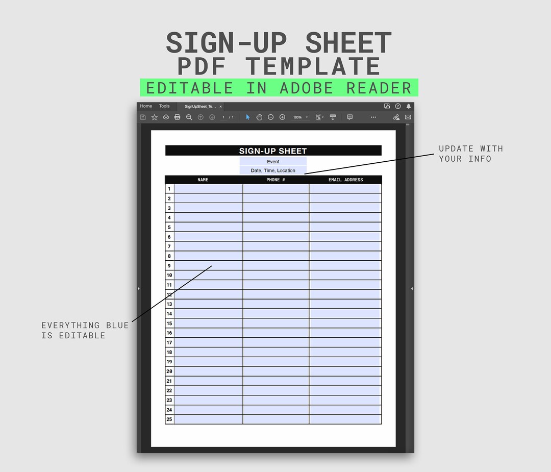Editable Sign up Sheet. PDF Sign up Template. Printable Event Sign up ...