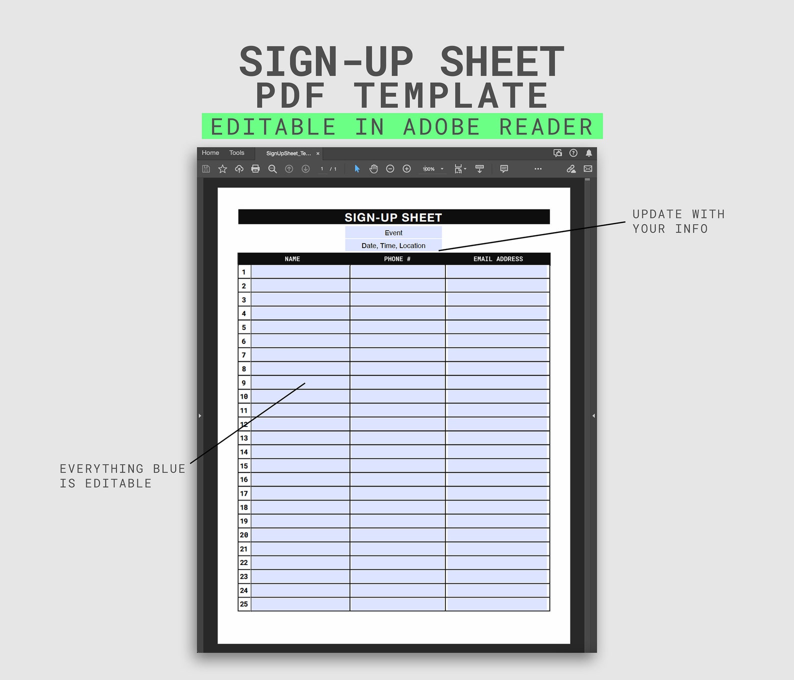 Editable Sign up Sheet. PDF Sign up Template. Printable Event Sign up ...