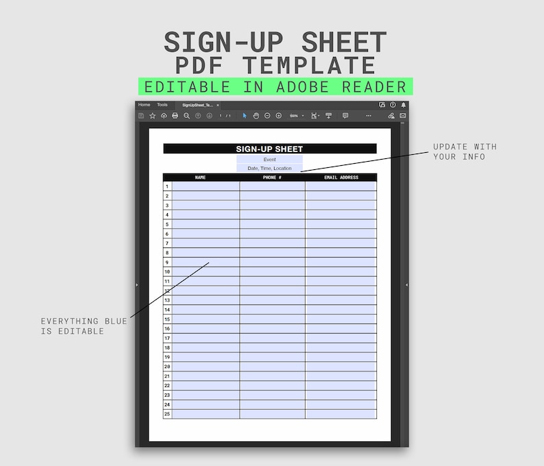 Editable Sign up Sheet. PDF Sign up Template. Printable Event Sign up ...