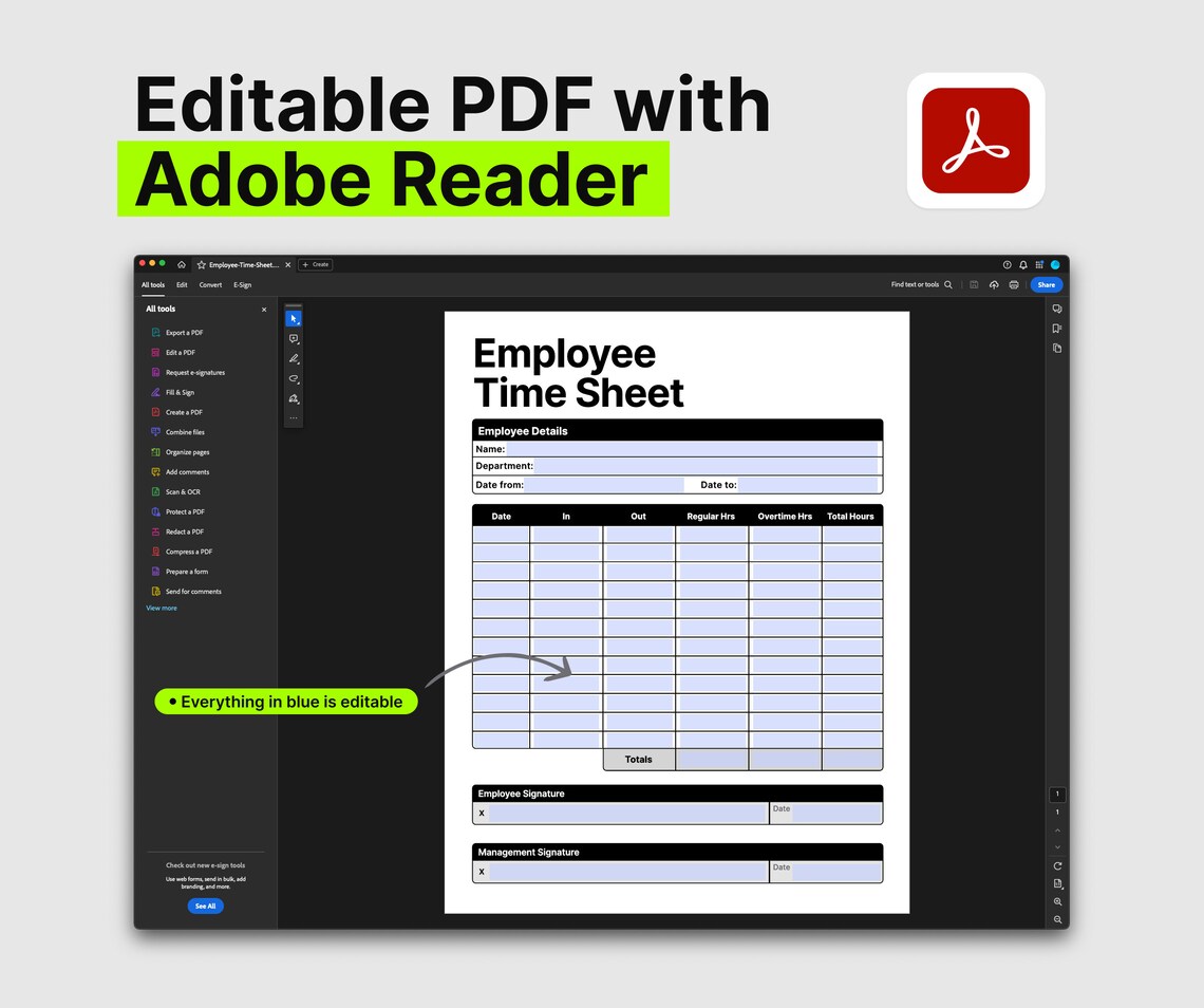 Employee Timesheet. Editable Timesheet. Printable Timesheet. Time Card ...