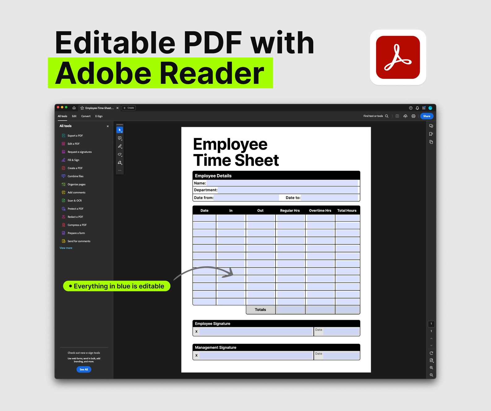 Employee Timesheet. Editable Timesheet. Printable Timesheet. Time Card ...