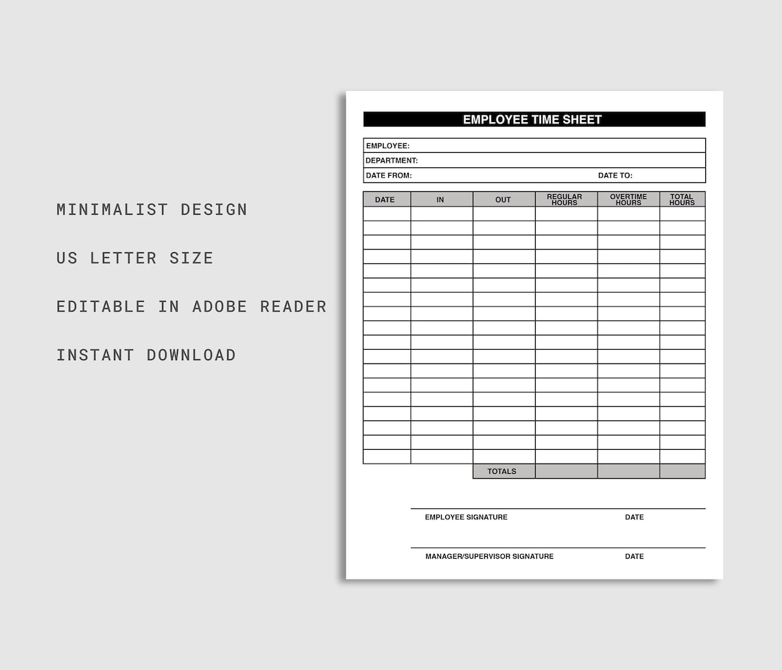 Employee Timesheet. Editable Timesheet. Printable Timesheet. Time Card ...